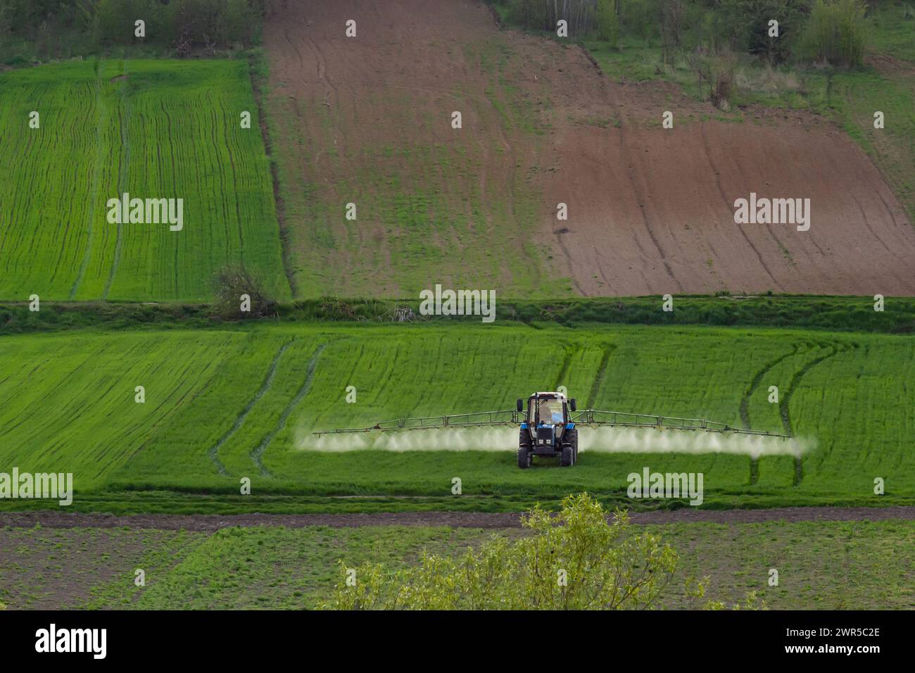 Aerial view of tractor spraying crop in green farm fields with ...