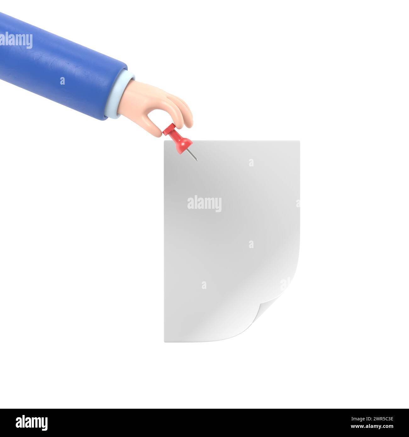 Paper push pins. Thumbtack in hand man. Empty white sheet. 3D ...