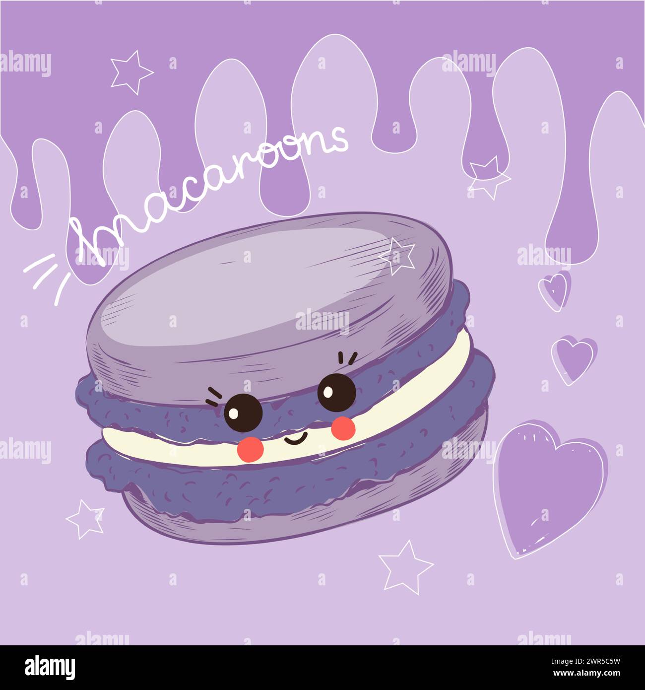 Macaron poster. Cute cookie with face. Comic confectionery food ...