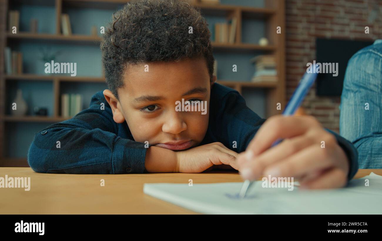 Sad upset lazy unmotivated tired exhausted fatigued little African ...