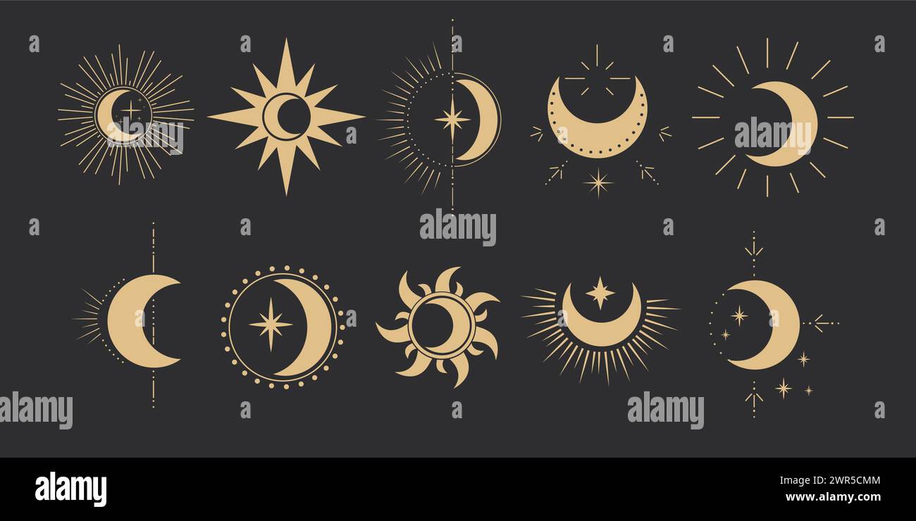 Set gold mystic moon celestial astrology magic element with rays, stars ...