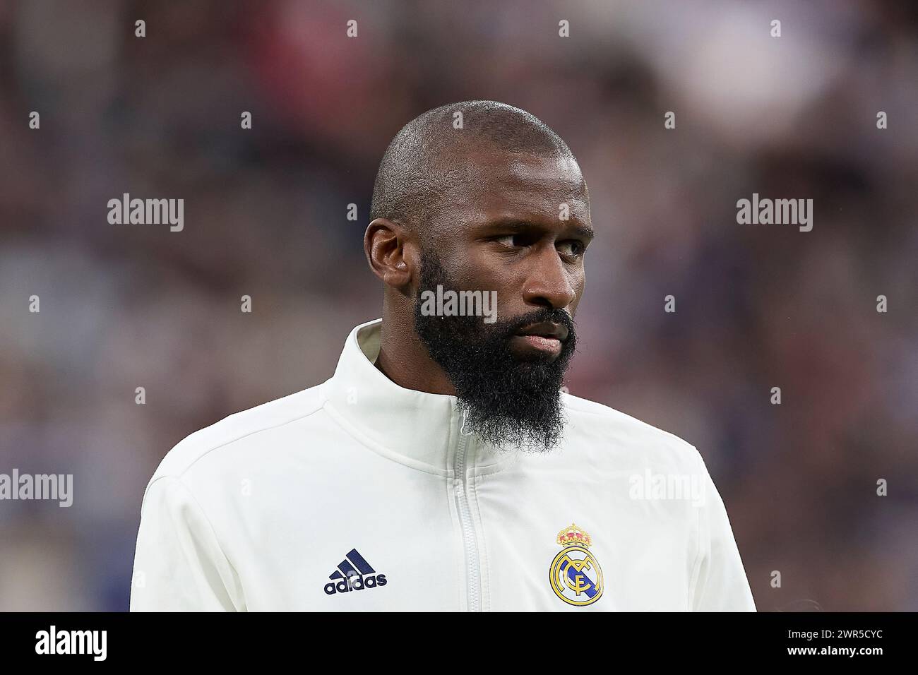 Antonio Rudiger of Real Madrid CF looks on prior to the La Liga week 28 ...