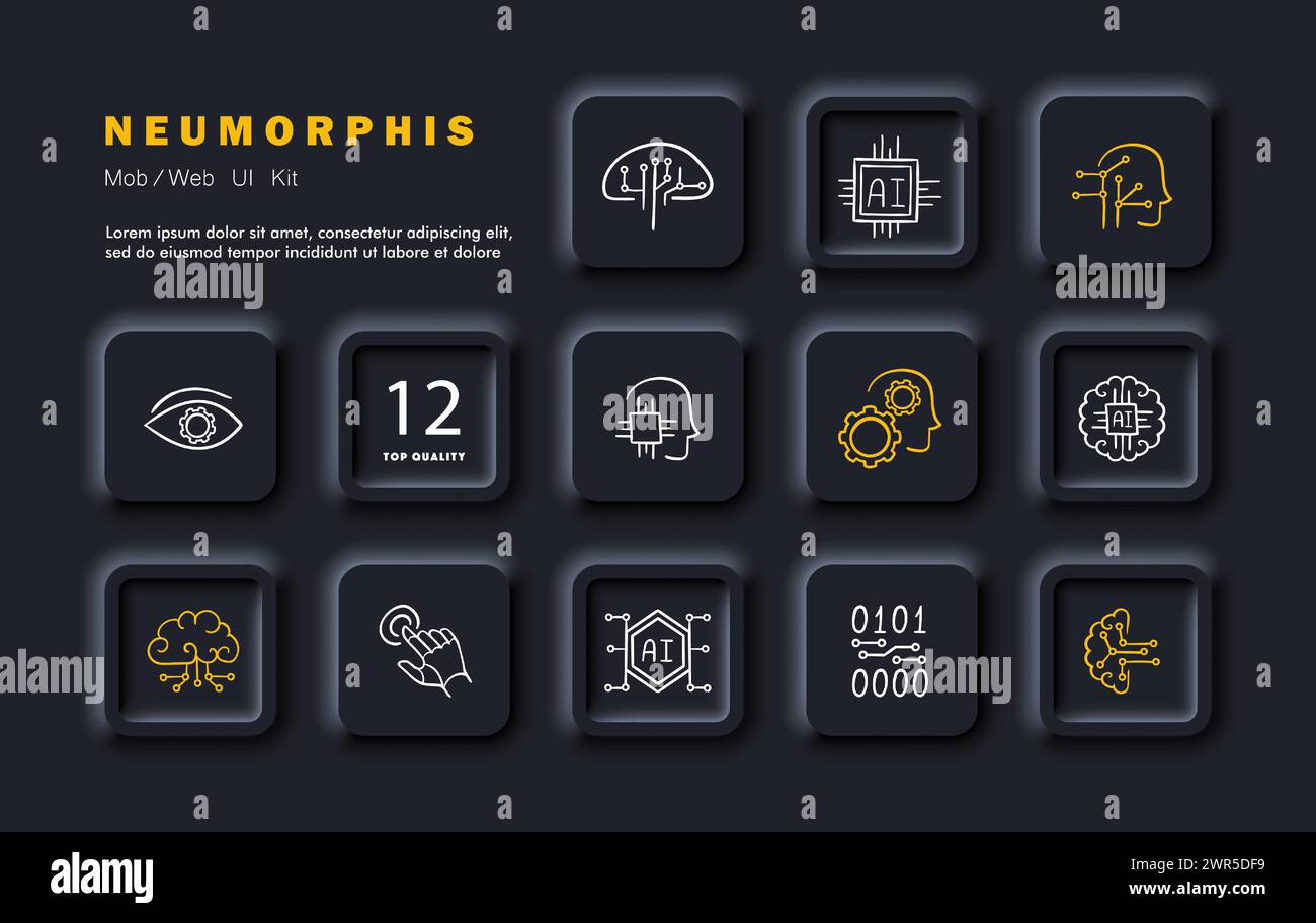 Artificial intelligence set icon. Neurons, implants, AI, human, implantable brain computer ...