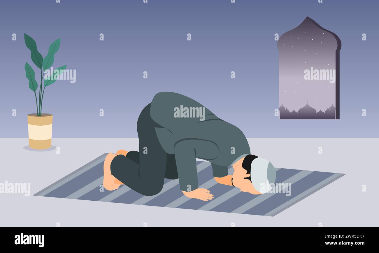 A Muslim man in prostration prayer position on prayer mat. Vector ...