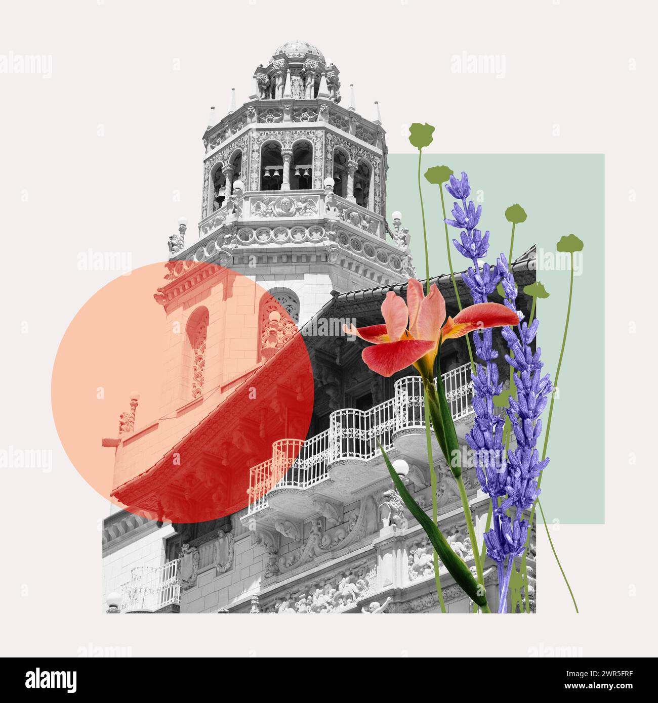 Creative collage of historic building with ornate tower with bells and ...