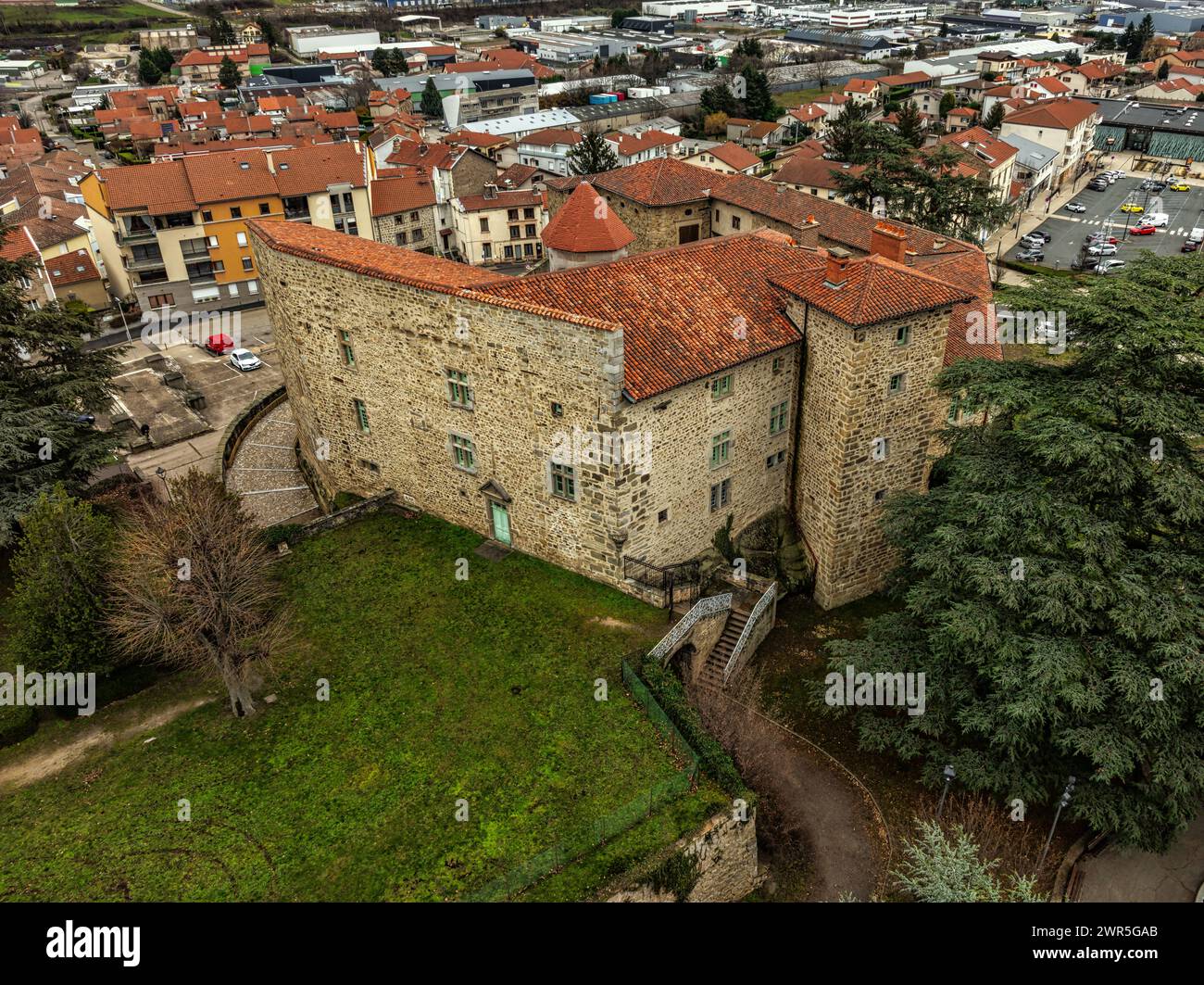 aerial view of the towers and ramparts of the medieval castle of Roche ...