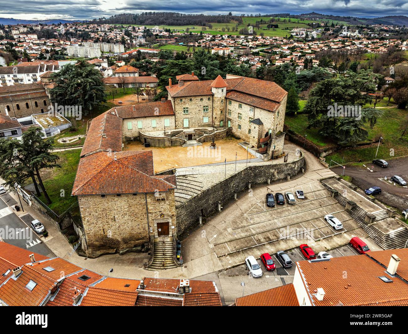aerial view of the towers and ramparts of the medieval castle of Roche ...