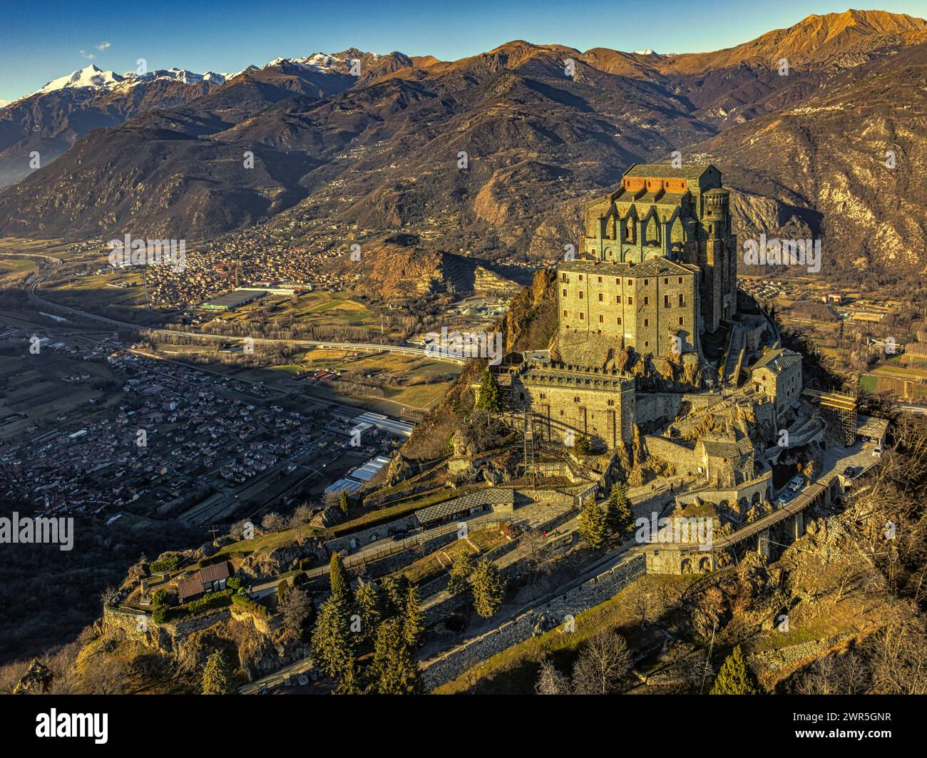 Aerial view of the Sacra di San Michele, an imposing abbey that ...