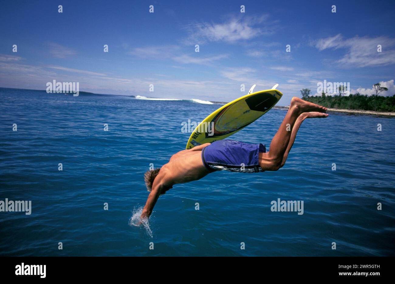 Surfer diving off surf charter boat with his surfboard in the Mentawai ...