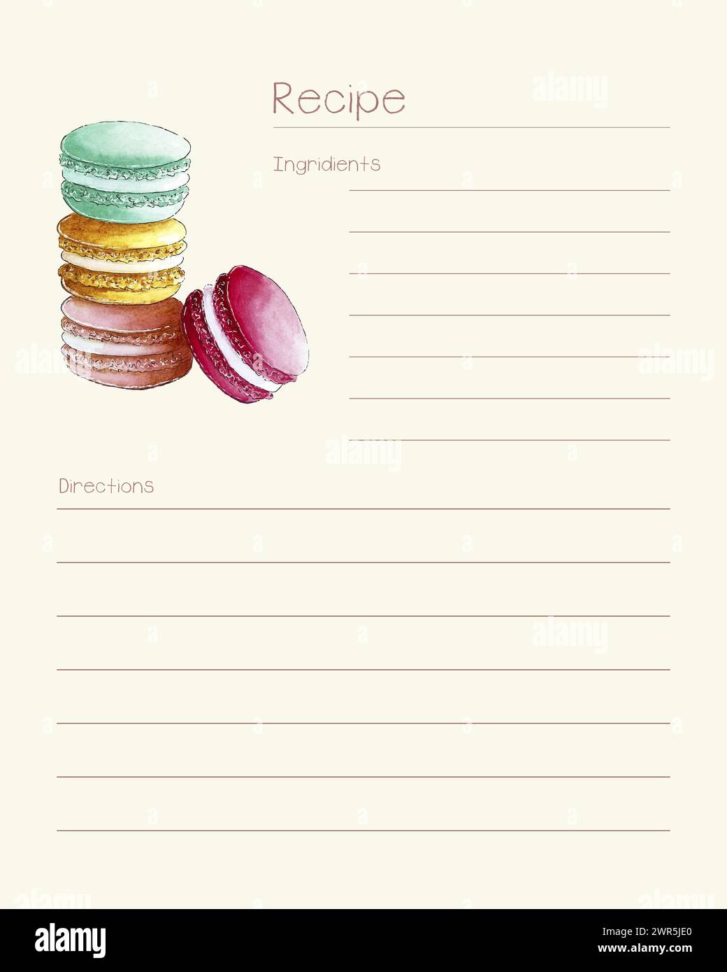 Recipe template for notes with watercolor macaroons hand drawn. Vector ...