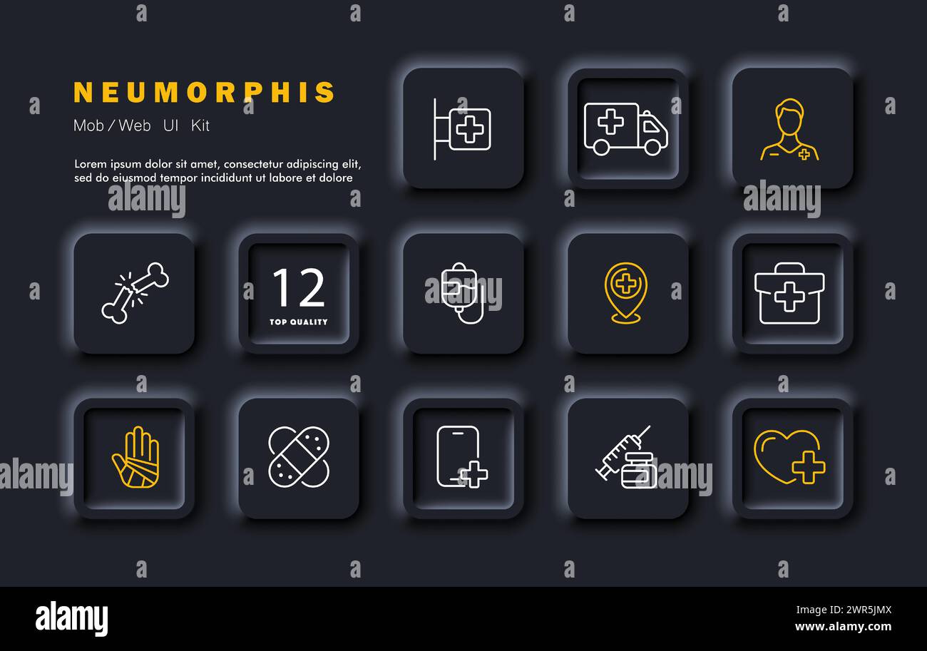 Ambulance set icon. Employee and ambulance, first aid kit, pharmacy ...