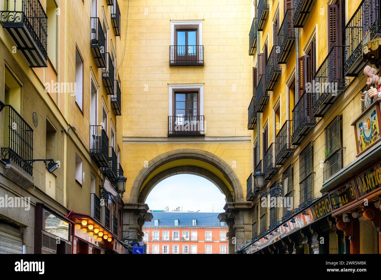 Arch in Plaza Mayor. Architecture and architetural features in Madrid ...