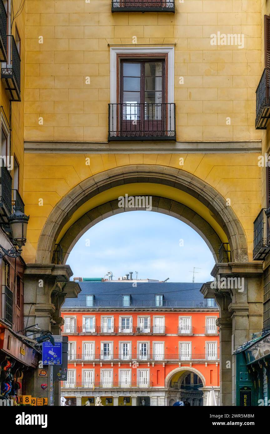 Arch in Plaza Mayor. Architecture and architetural features in Madrid ...