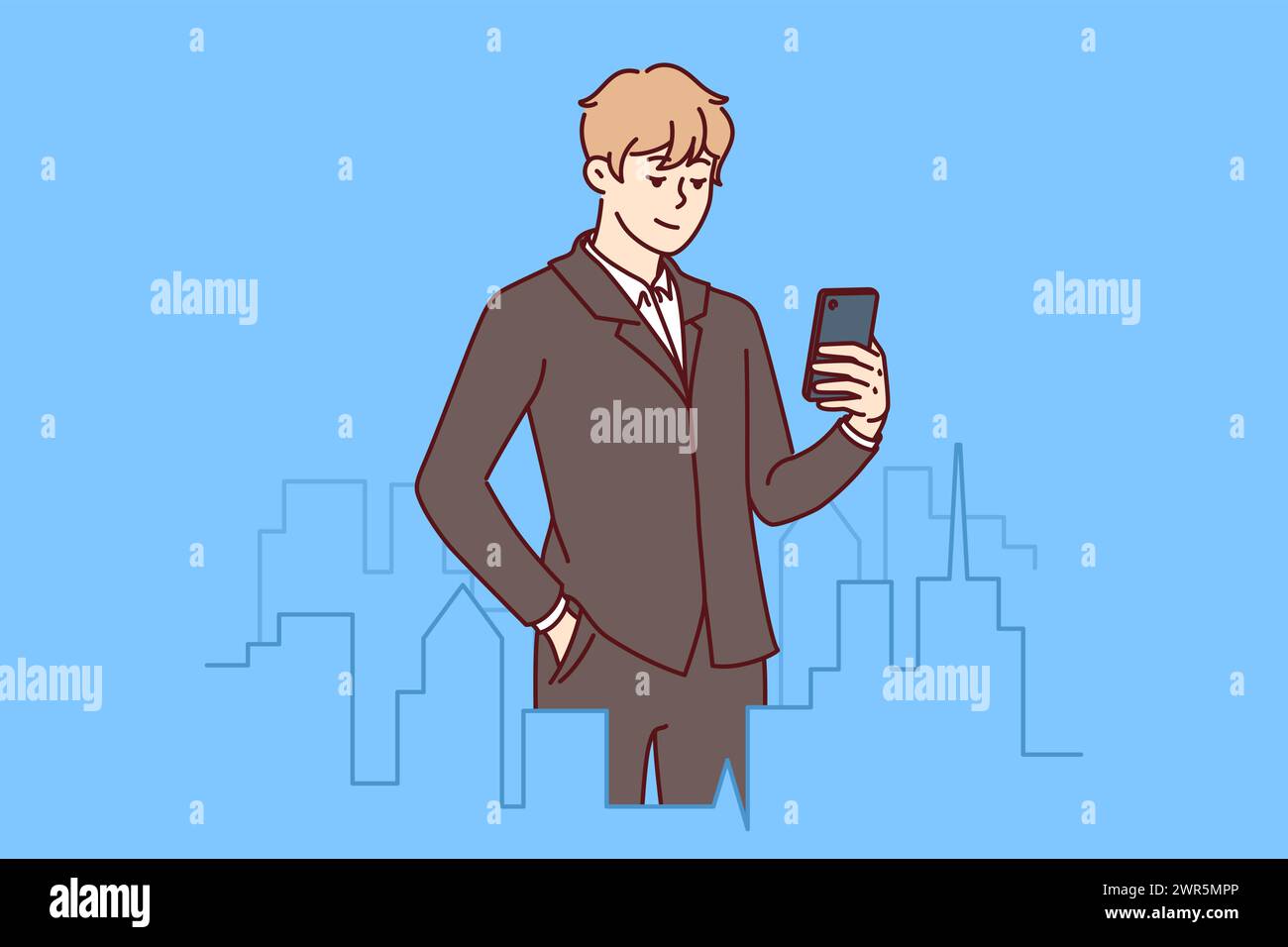 Successful businessman gigantic stature stands in downtown with ...