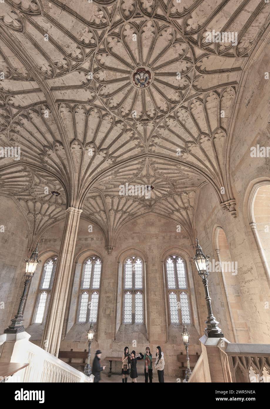 Fan vaulted ceiling above the staircase to the dining hall at Christ Church college, University ...