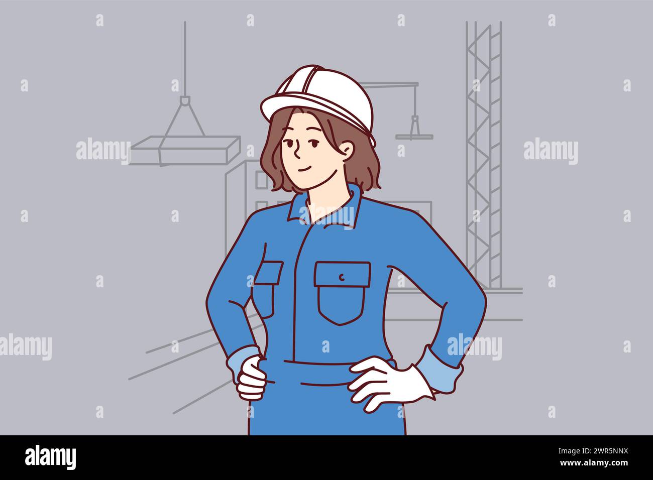 Woman builder stands on construction site near multi-story buildings ...