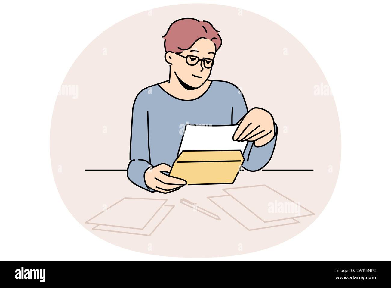 Man sit at table at home open correspondence. Male in glasses read ...