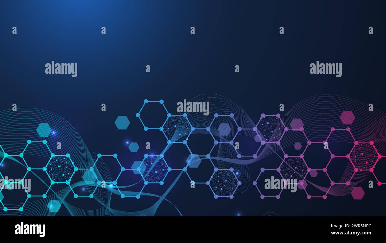 Modern science background with lines, dots and hexagons. Wave flow abstract background ...