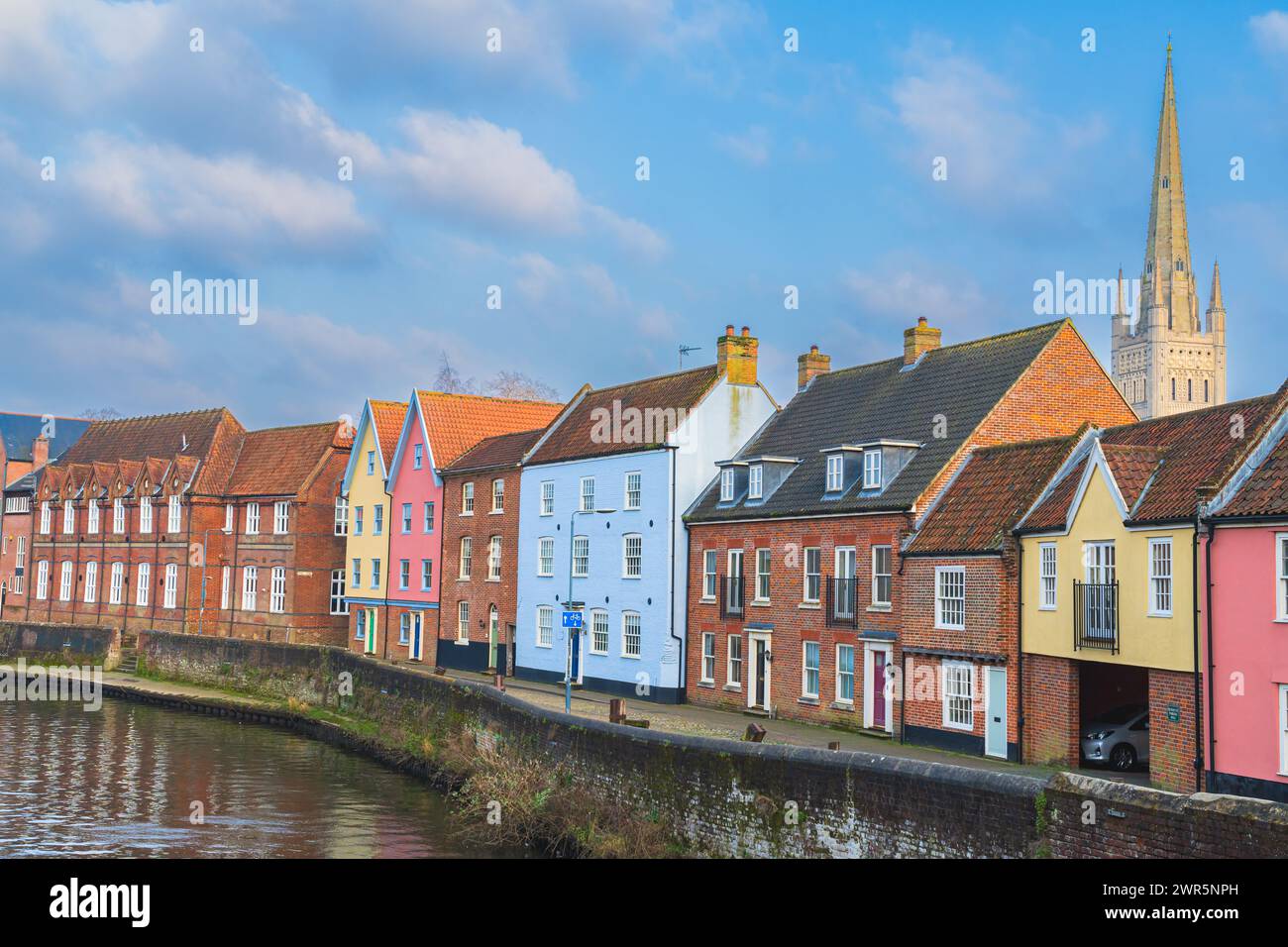 Colourful Houses in Norwich, UK with Norwich Cathedral Stock Photo - Alamy