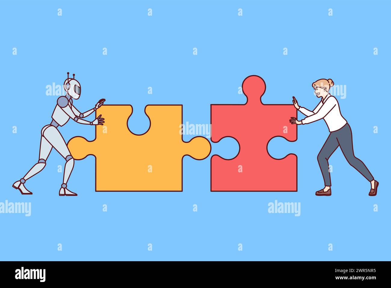 Teamwork of robot with artificial intelligence and person connecting ...