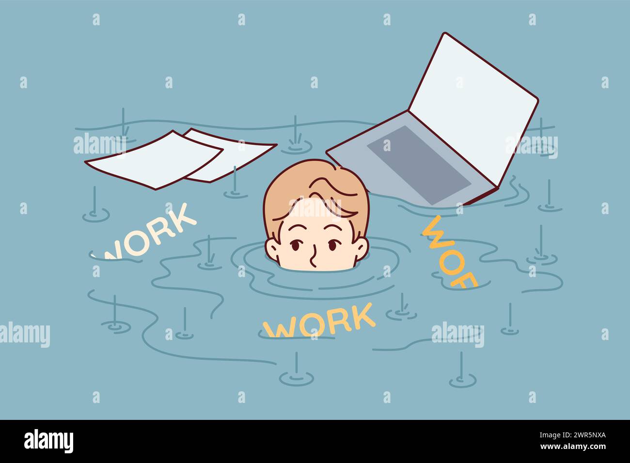 Man is drowning in work with documents and laptop, needing time ...