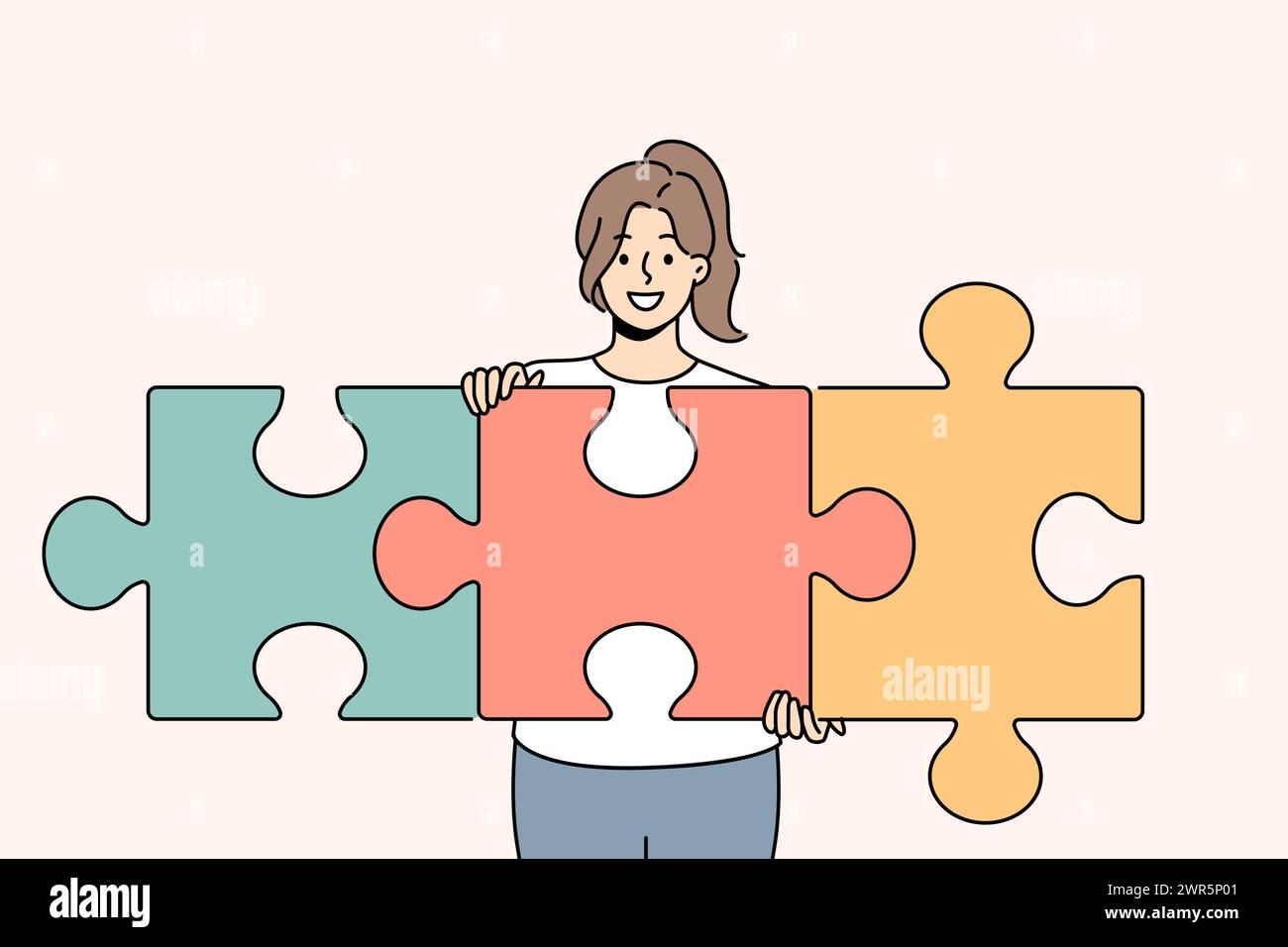 Successful woman unraveling puzzle and solving complex task while ...