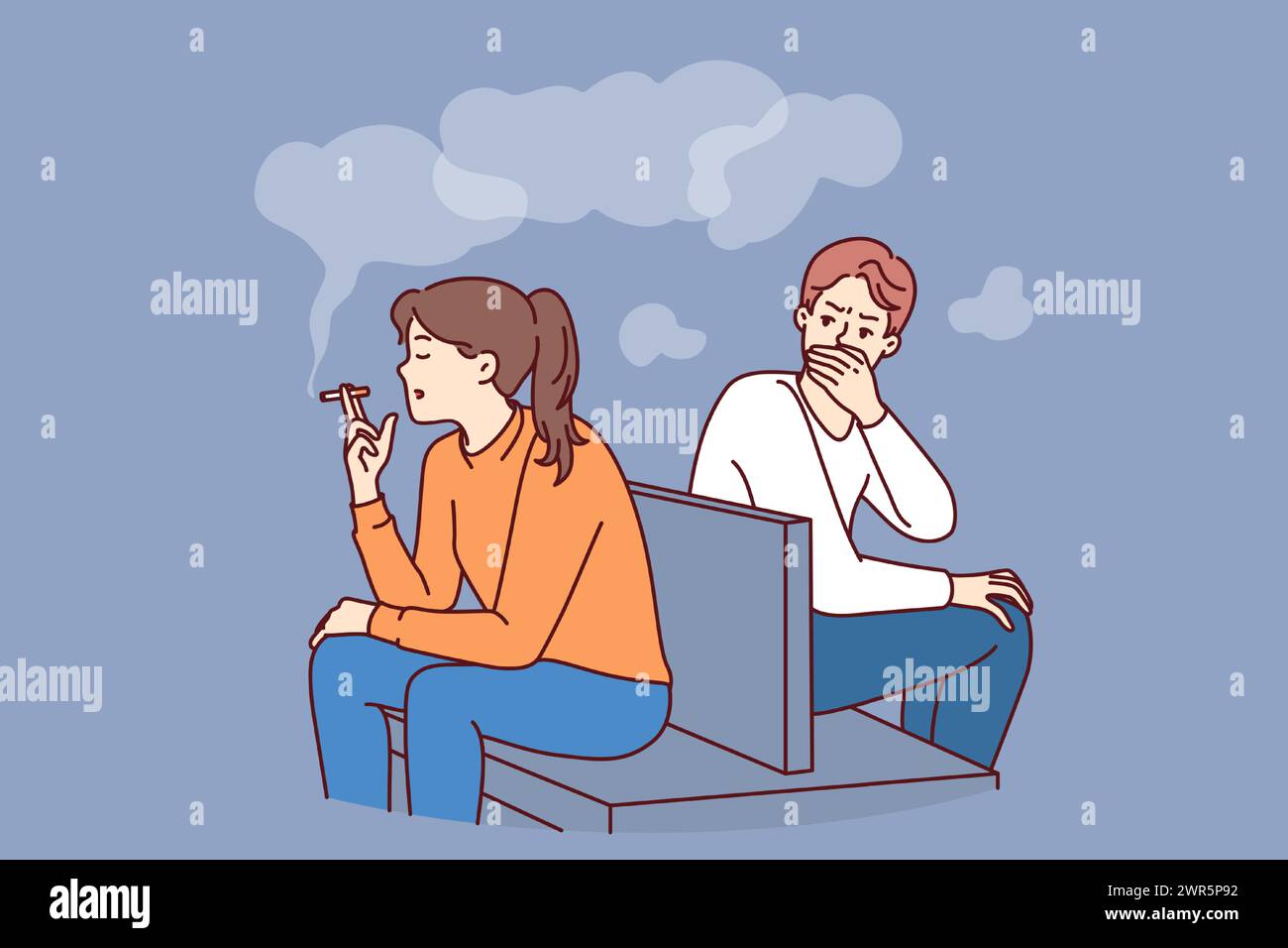 Woman smokes sitting in public place and causes inconvenience to man ...