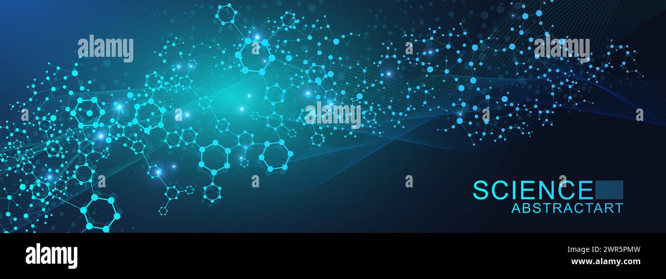 Modern scientific background with hexagons, lines and dots. Wave flow ...