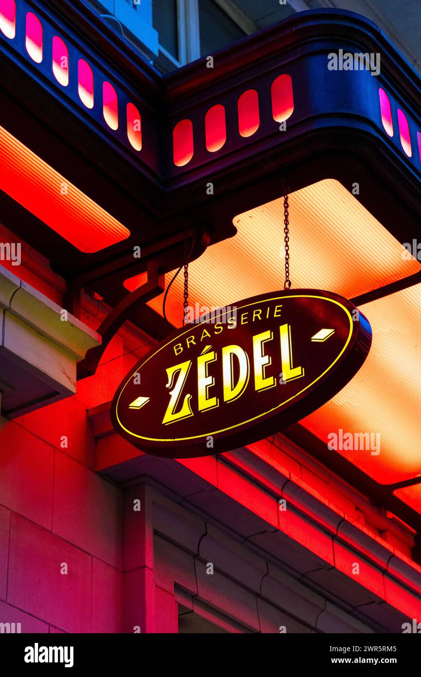 Illuminated sign for Brasserie Zedel art deco bar, restaurant and ...