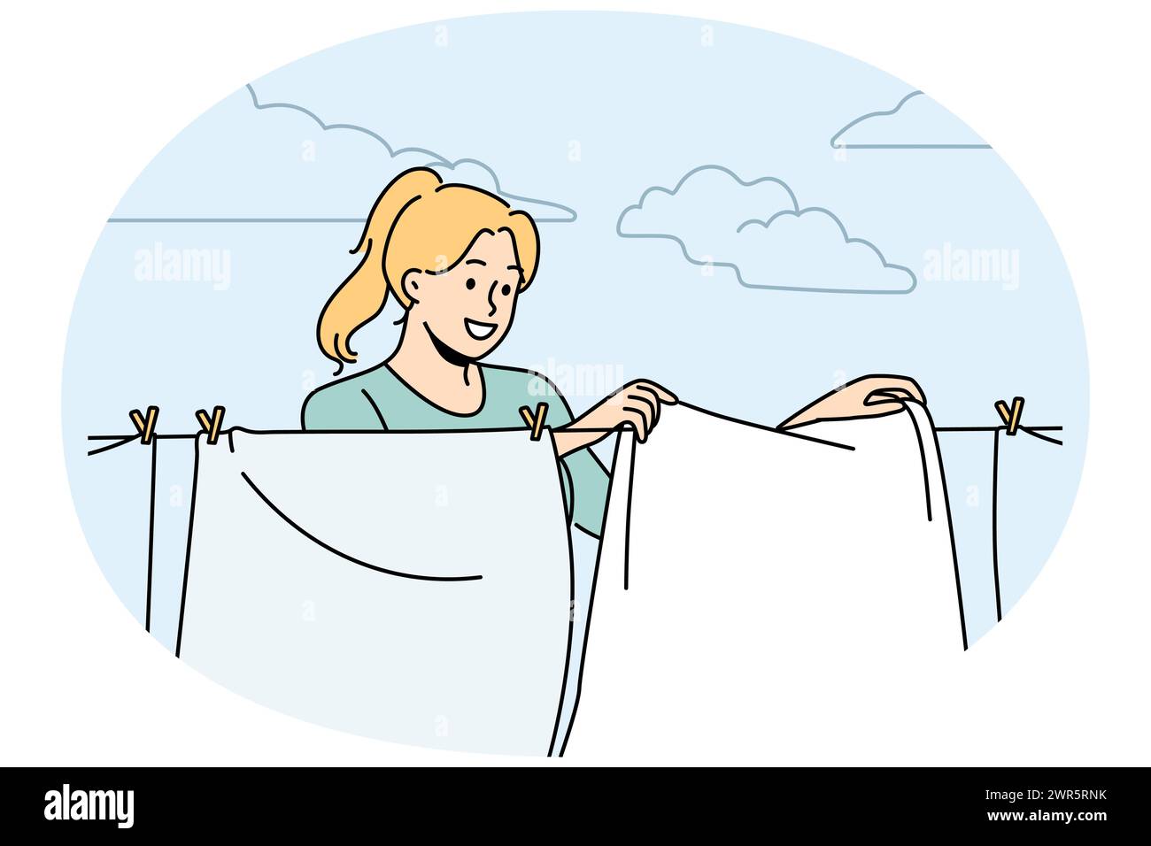 Smiling woman hanging fresh clothes on wire to dry outdoors. Happy ...