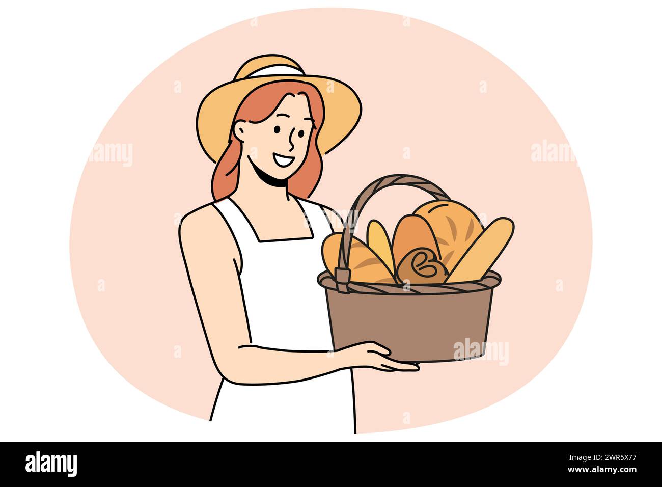Smiling woman in straw hat holding basket with bread. Happy girl ...