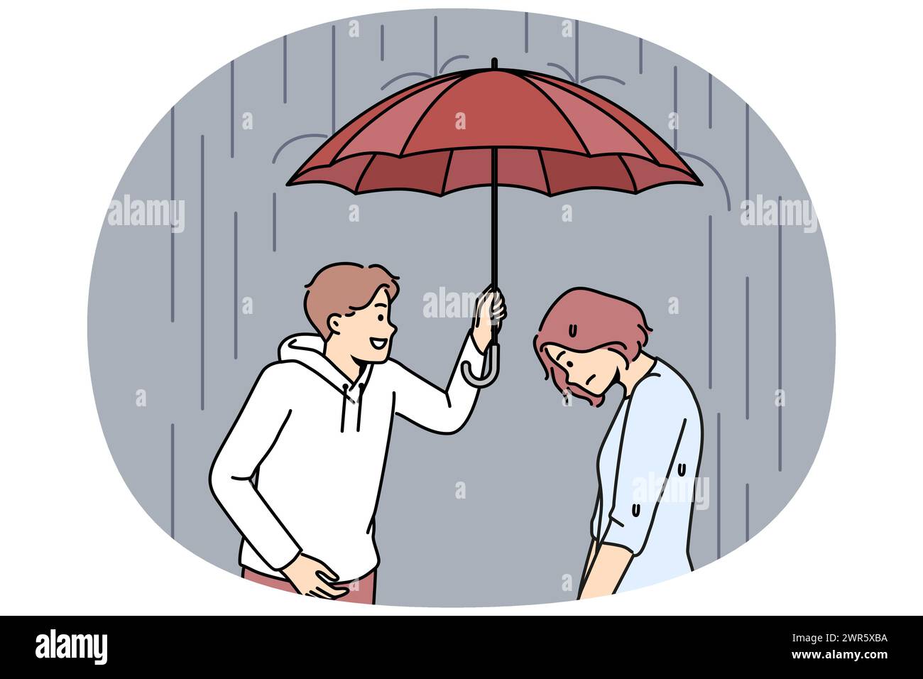 Caring man hold umbrella above unhappy distressed woman. Loving male ...