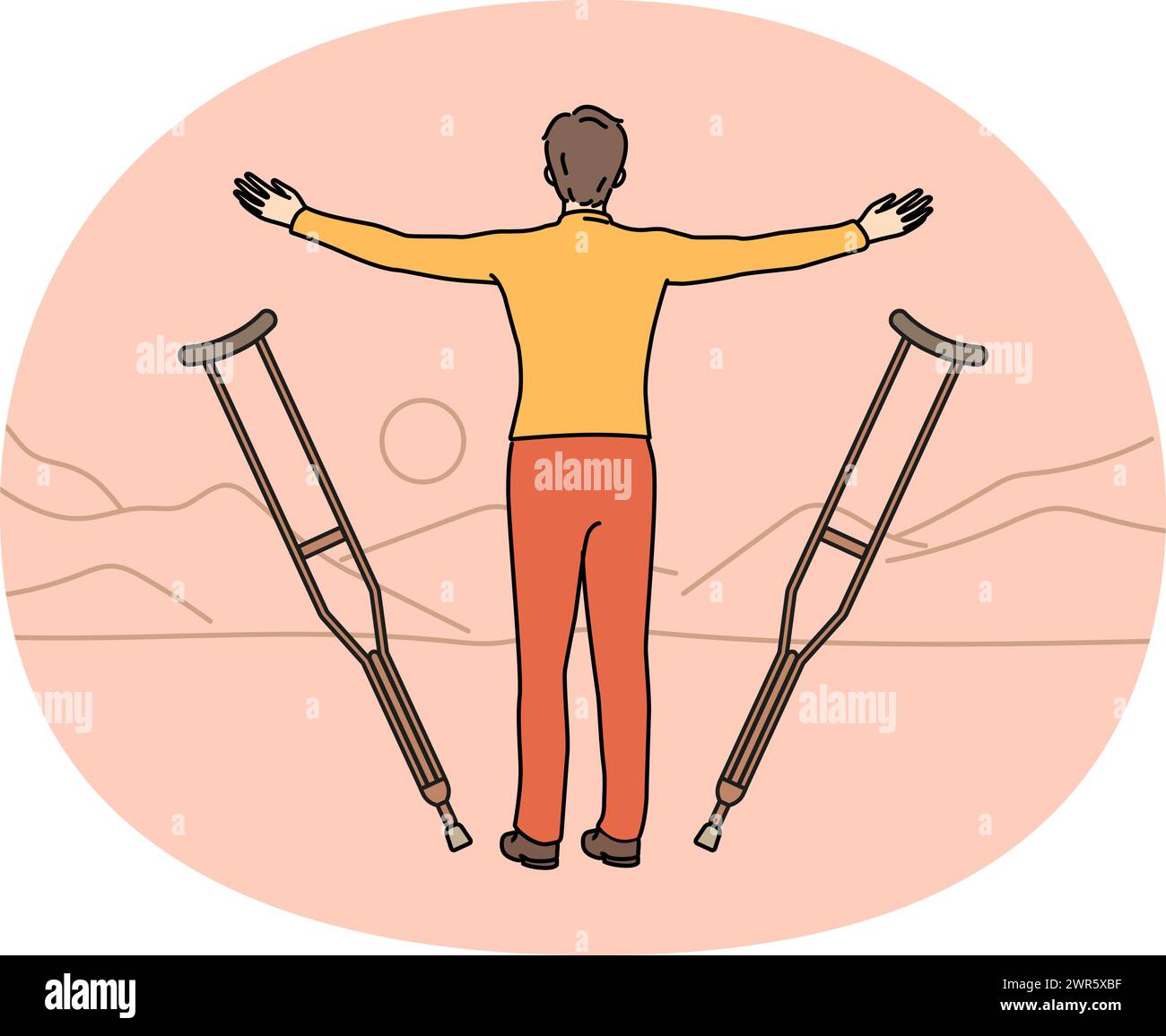 Disabled man let go of crutches face sunset enjoy recovery. Back view ...