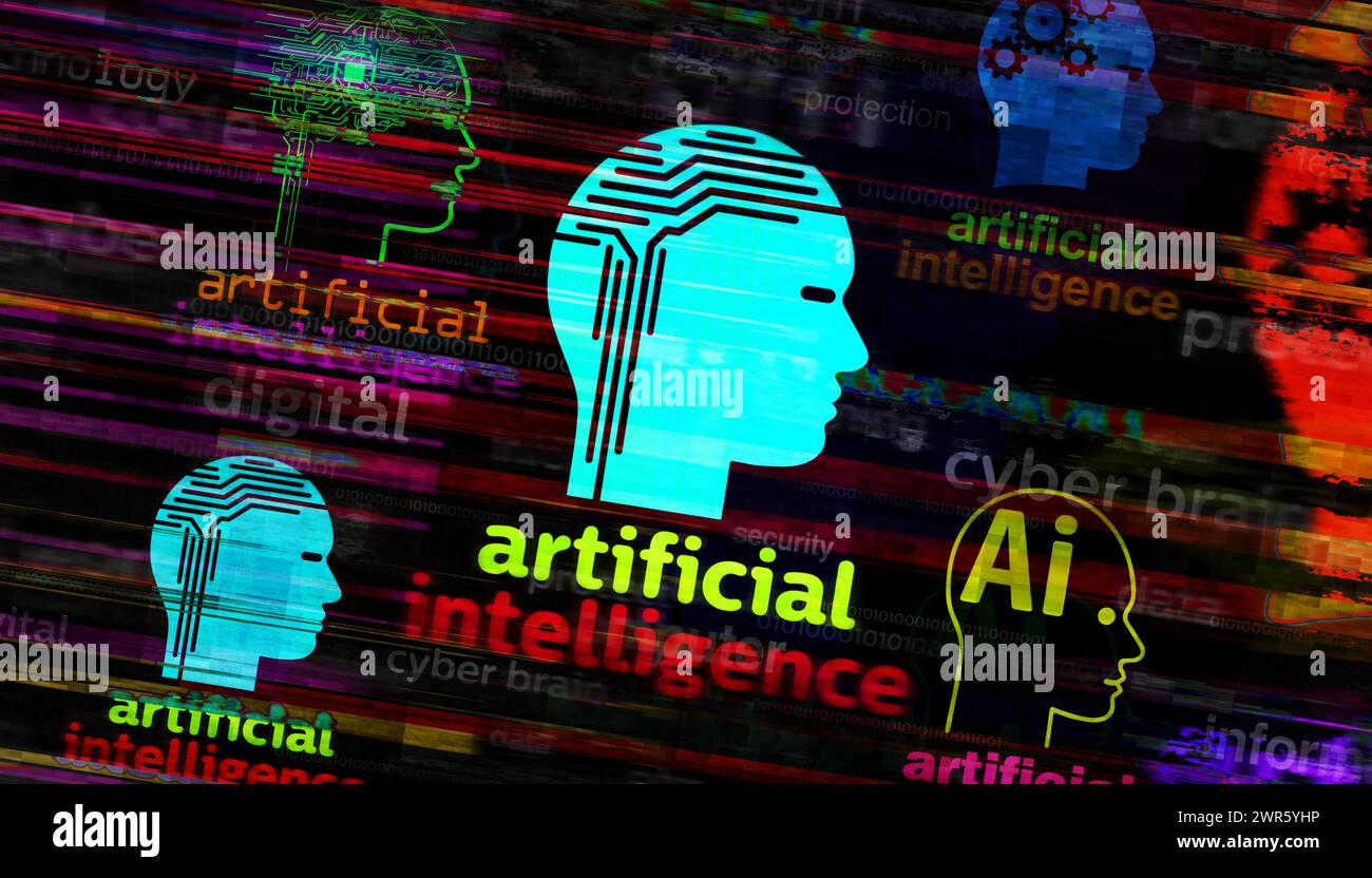 Artificial intelligence neural networks AI symbol technology concept. Abstract sign on glitch ...