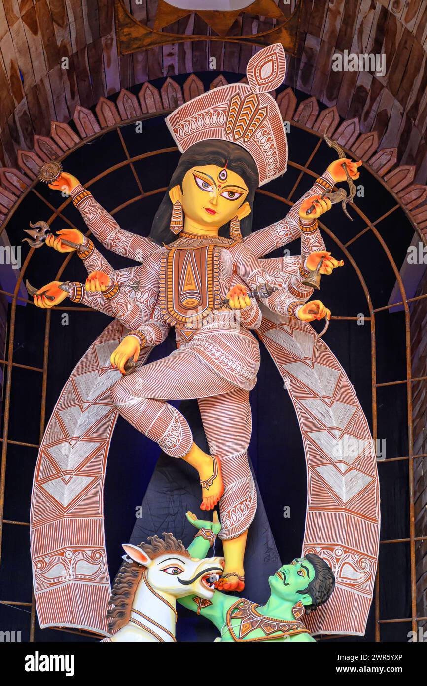Idol of Goddess Devi Durga at a decorated puja pandal in Kolkata, West ...