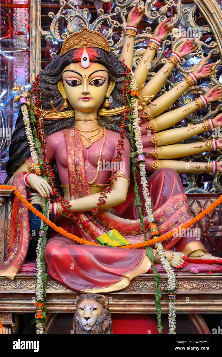 Idol of Goddess Devi Durga at a decorated puja pandal in Kolkata, West ...