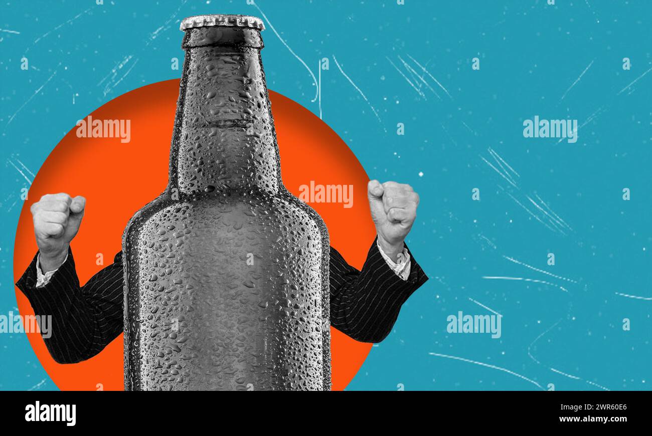 Modern art collage featuring beer bottle and hands on blue background ...