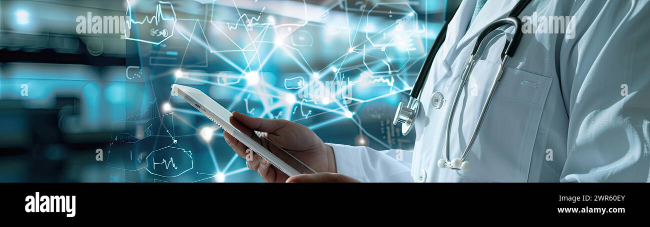 Overlay image of a doctor using digital tablet processing electronic ...