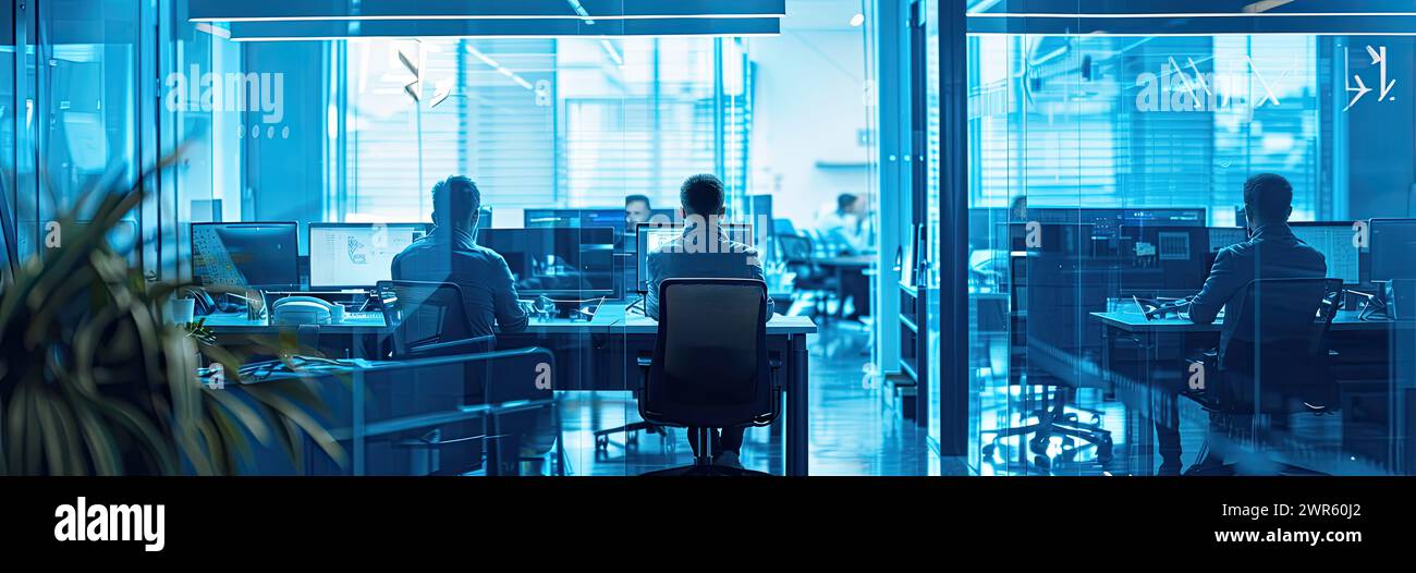 Company computer programmers sitting in modern office, blue light environment Stock Photo - Alamy