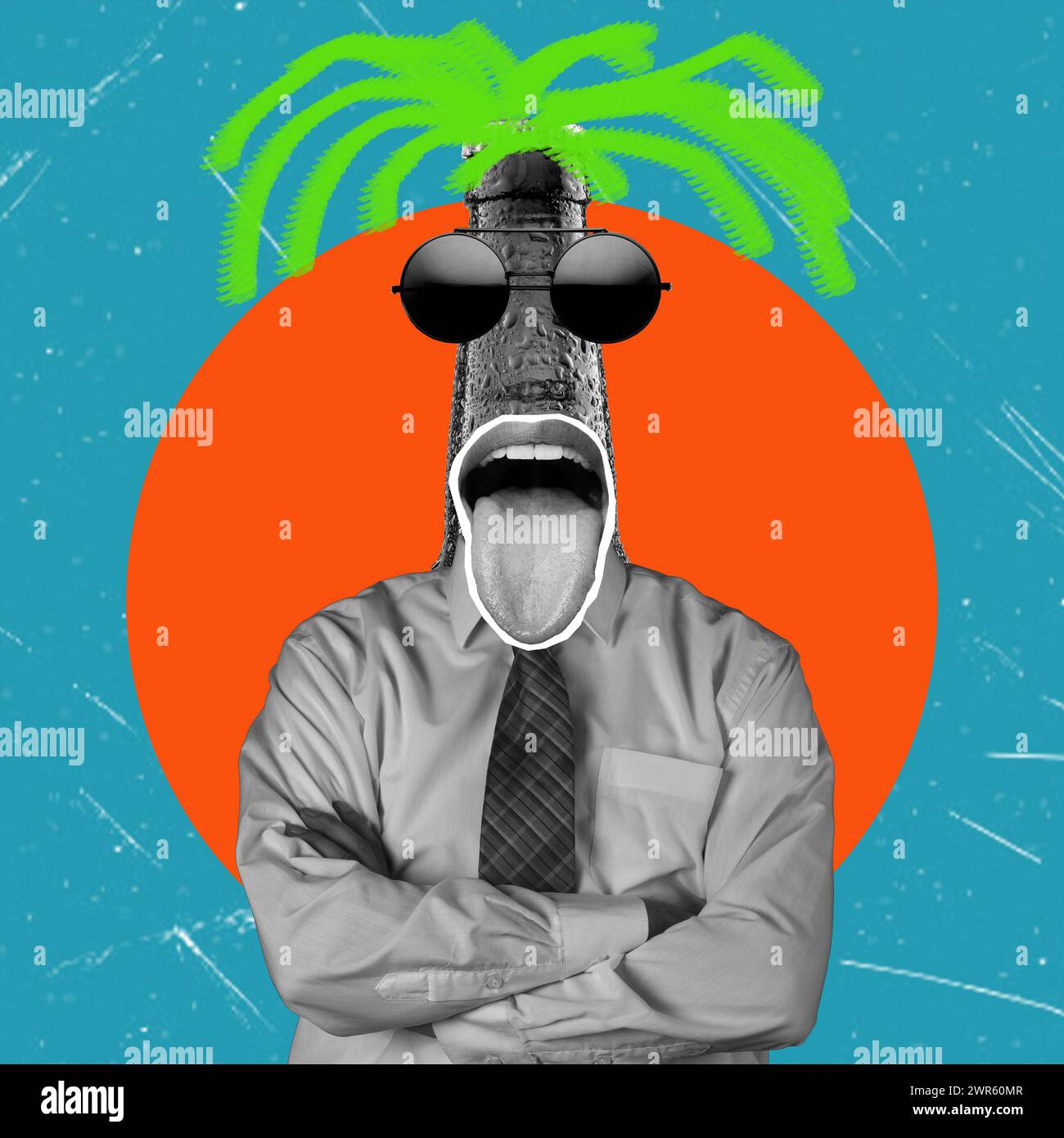 Beer party time. Art collage of a beer bottle instead of a head and the ...