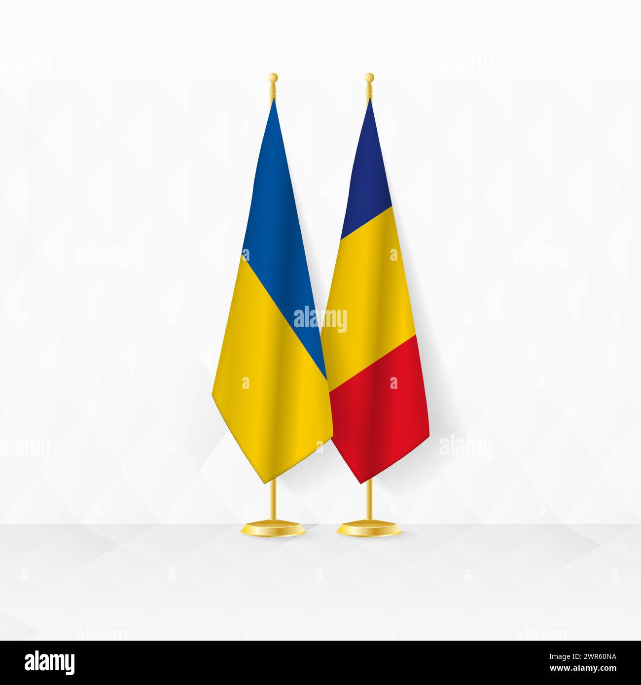 Ukraine and Romania flags on flag stand, illustration for diplomacy and ...