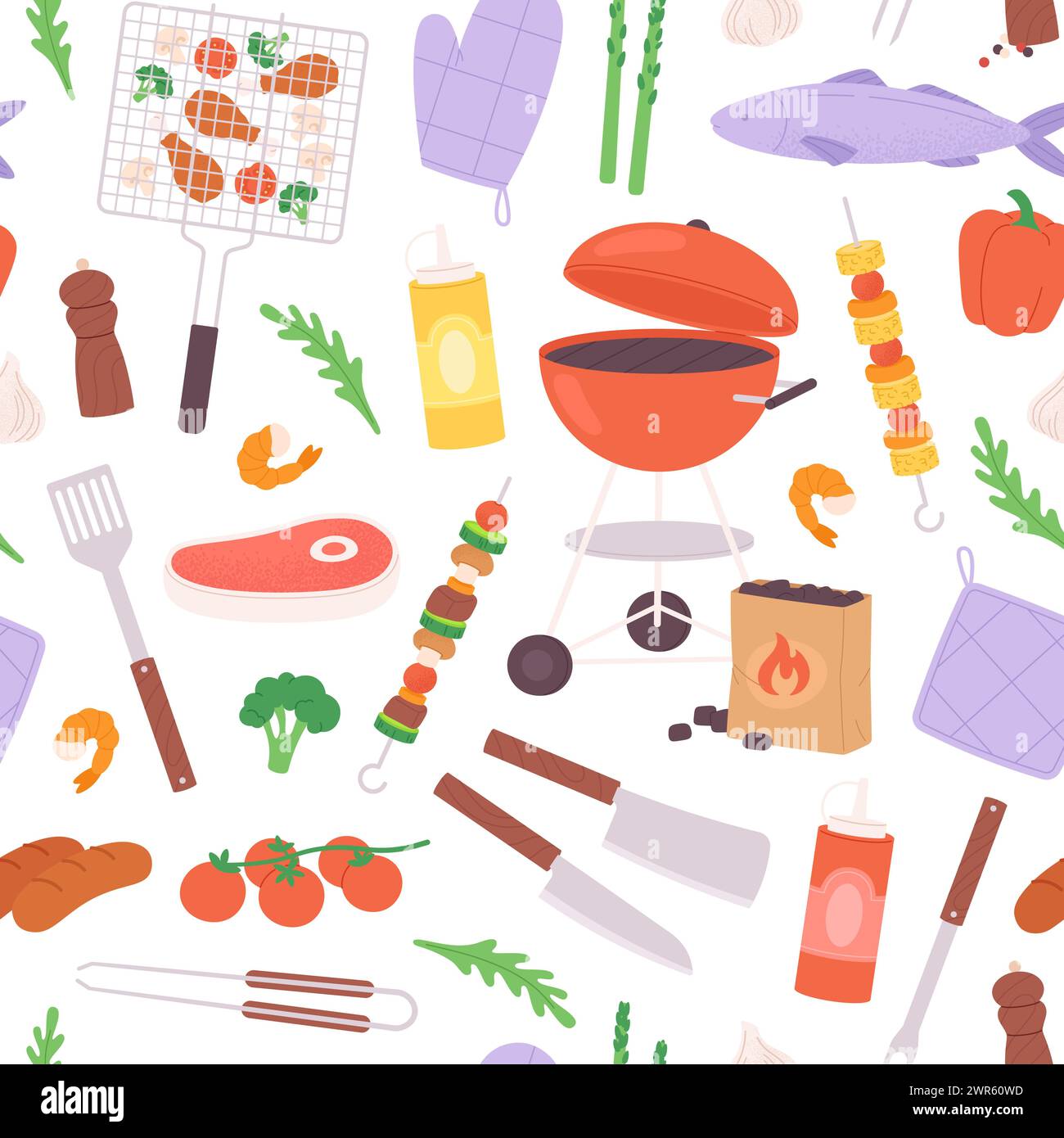 Bbq seamless pattern. Food and grill tools, barbecue equipment. Meat ...