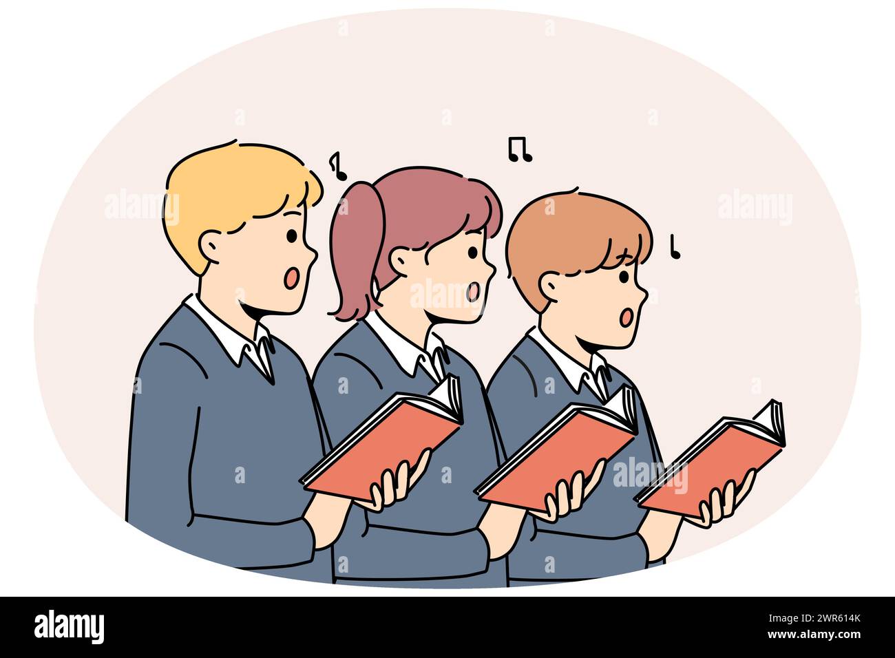 Small children with books sing in school choir together. Little ...