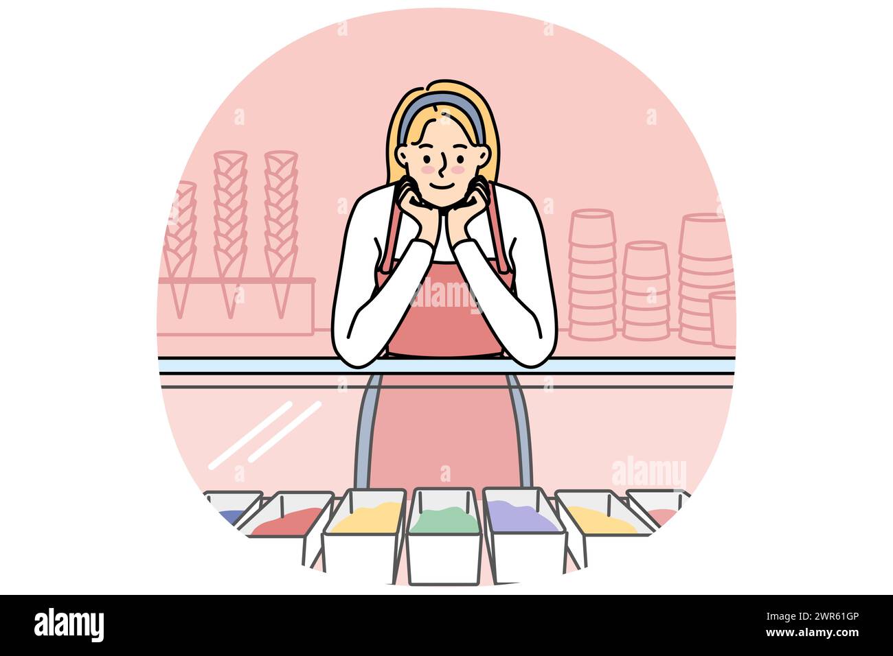 Smiling saleswoman standing near counter in ice cream shop. Happy ...