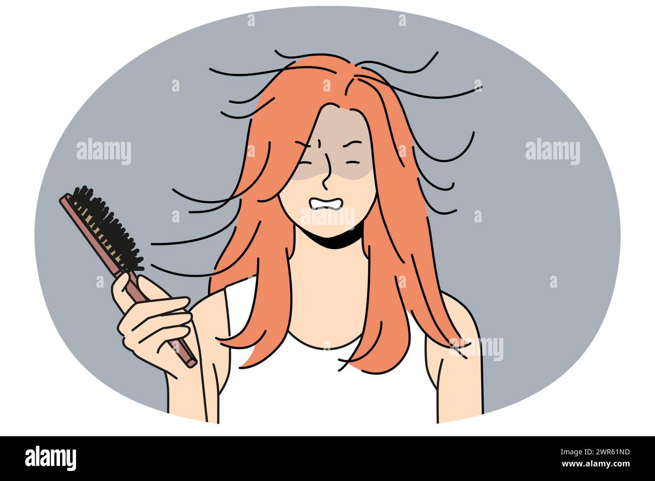 Unhappy woman holding hairbrush in hands struggle with static hair ...