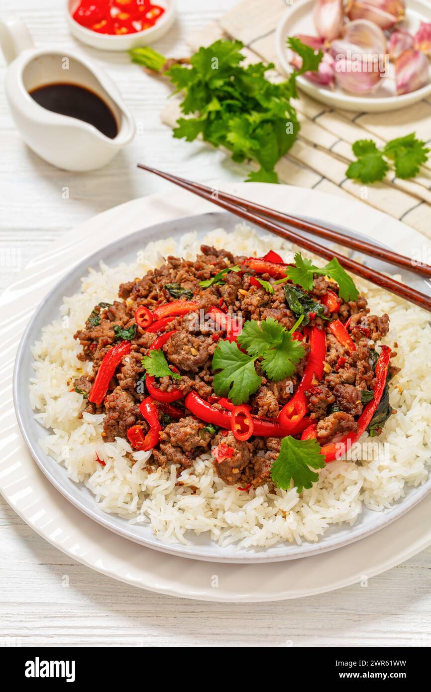 Thai holy basil stir fry with beef, pad kra pao, served over jasmine ...