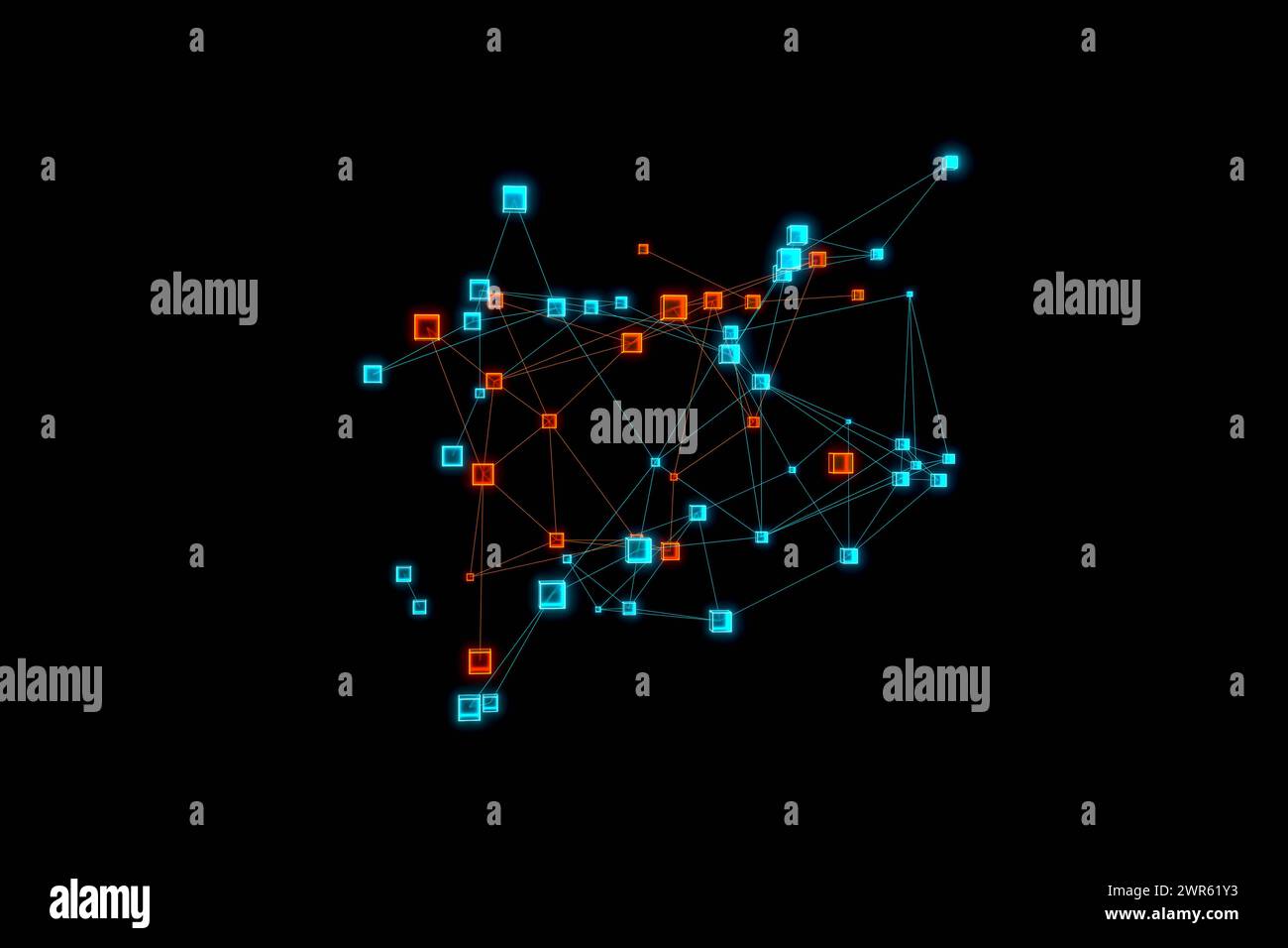 Futuristic cube network, polygon in blue and orange. Cubes polygon network illuminated in blue ...