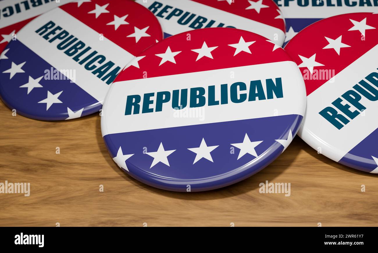 Republican badges with the national flag of the United states. Close-up ...