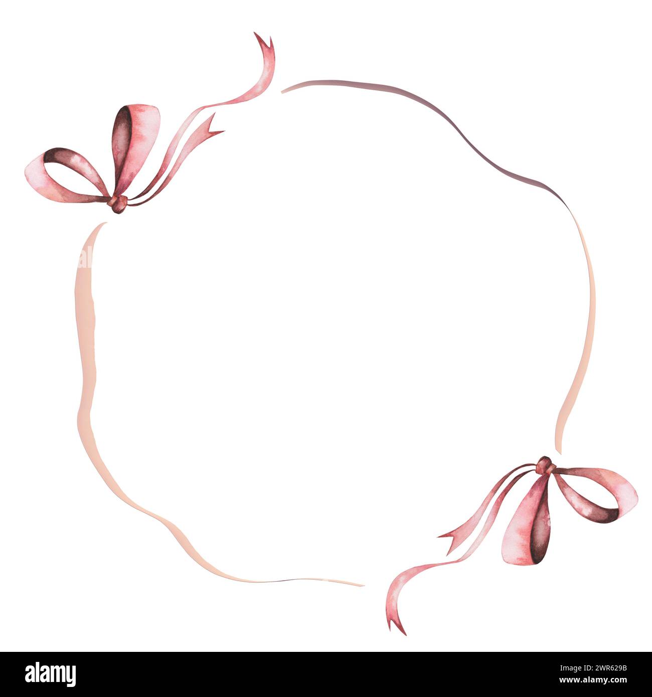 Frame with watercolor bows. Delicate pink bows and ribbons in a round ...