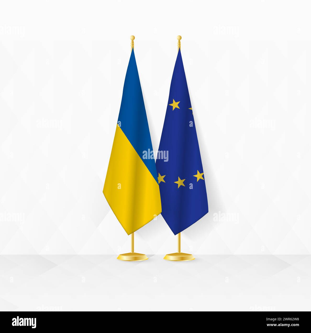 Ukraine and European Union flags on flag stand, illustration for ...